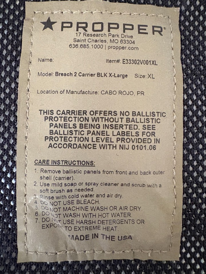 PROPPER Breach 2 Tactical Plate Carrier IIIA Armor Panels XL Black ...