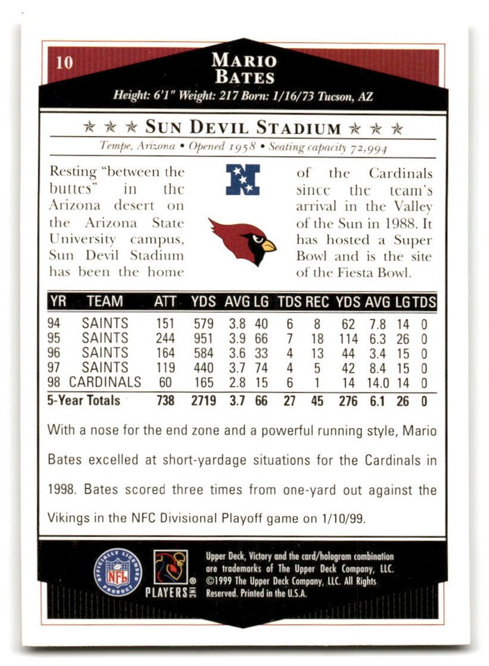 Mario Bates 1999 Upper Deck Victory #10 Arizona Cardinals FOOTBALL | eBay