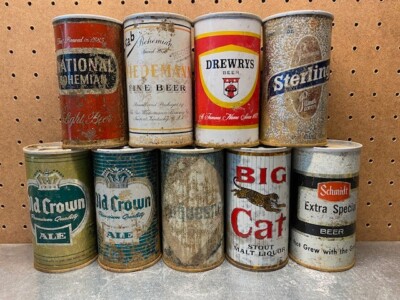 Set of 9 different straight steel 12oz. empty zip top dumper beer cans ...