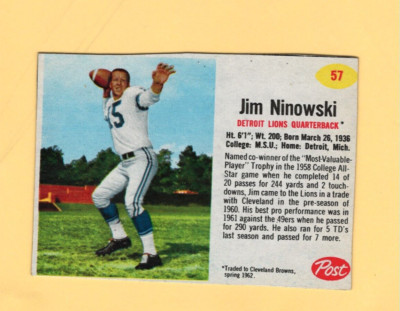 1962 Post Football - #57 - Jim Ninowski - Detroit Lions - Hand Cut ...