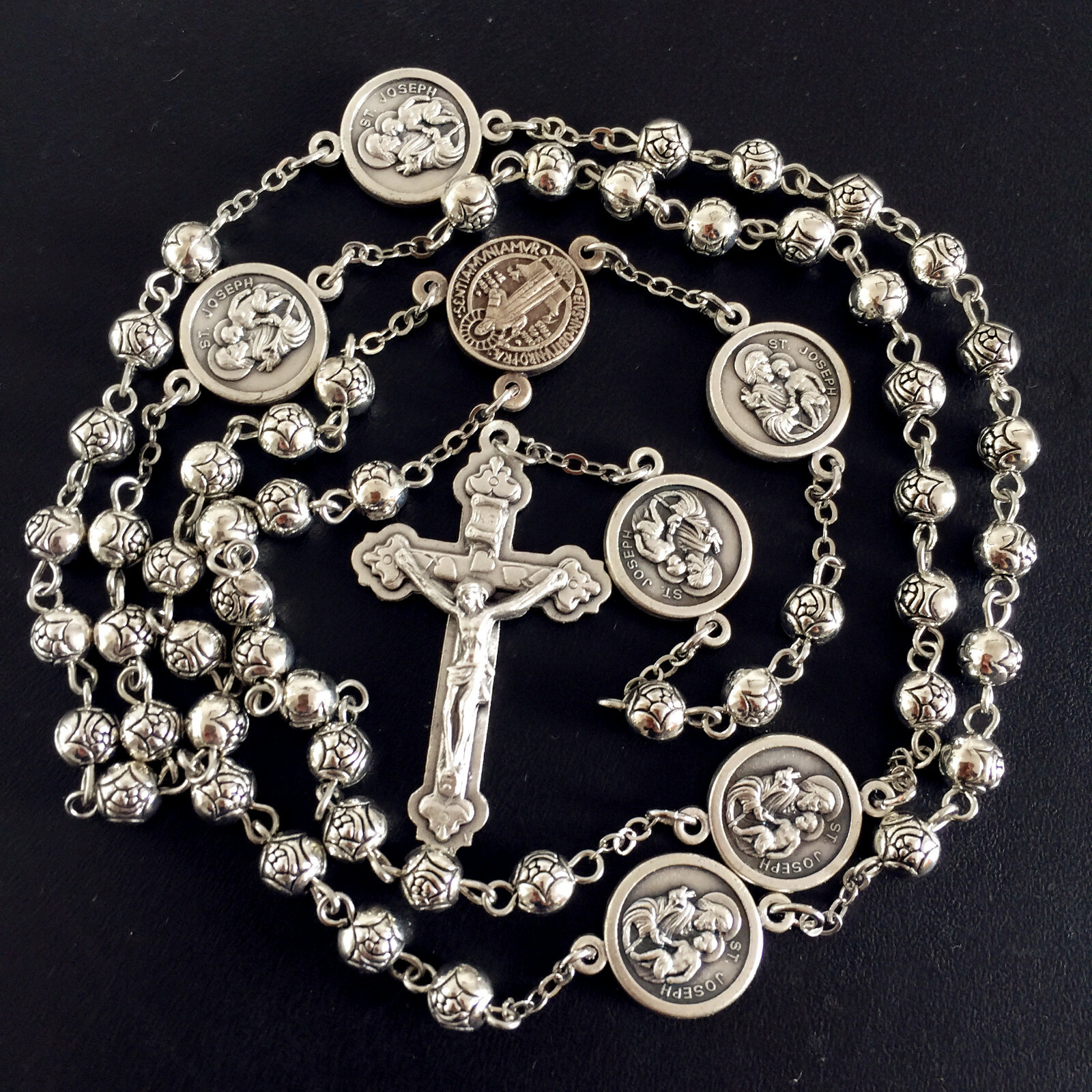 SILVER Rose bead ST. JOSEPH Rosary & Italy Crucifix Cross catholic ...