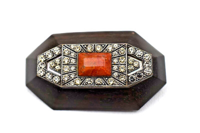 Vintage Art-Deco Rohanne Paris Coral and Rhinestones on Wood Pin Brooch ...