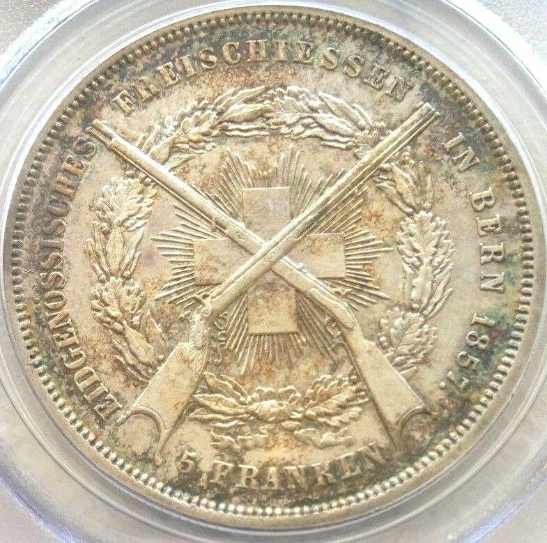 Swiss 1857 Silver Shooting Thaler 5 Francs Bern R-181a M-107 PCGS MS63 ...