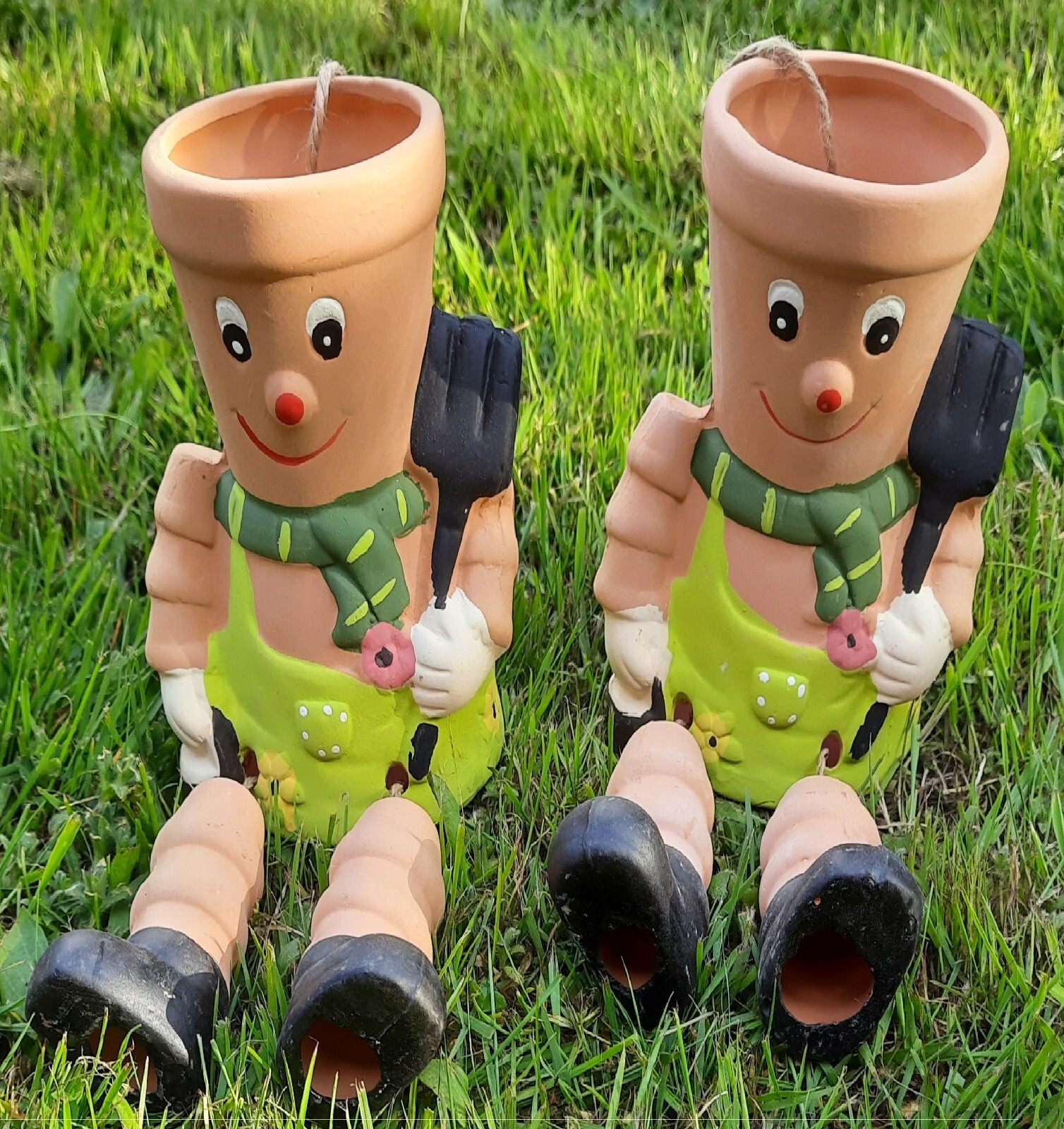 2x Terracotta Flower Bill & Ben Pot Man Planter Garden Ornament ...