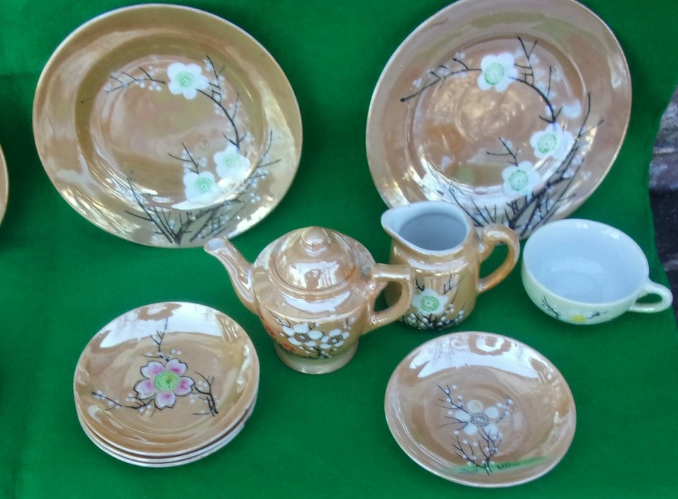 Antique 1920 18 pc Childs Lusterware Ceramic Tea Set Hand Painted ...