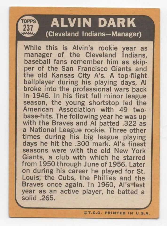 1968 Topps #237 Al Dark - Cleveland Indians EX-NM (AUTOGRAPHED) | eBay