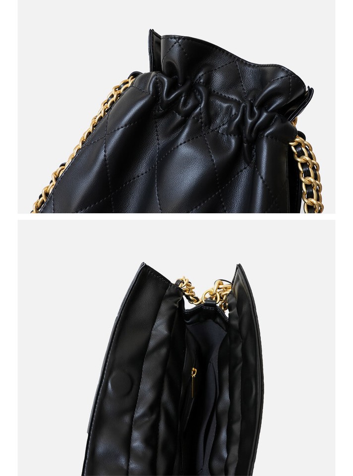 Quilted Real Leather Gold Chain Drawstring Bucket Bag Shoulder Purse ...