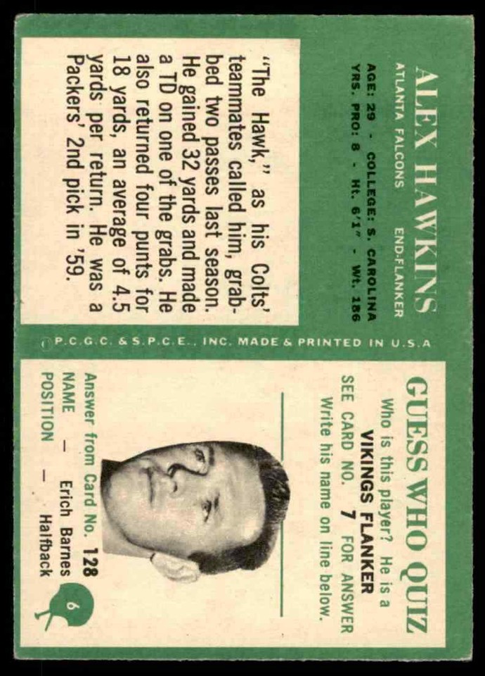 1966 Philadelphia #6 Alex Hawkins Atlanta Falcons / South Carolina ...