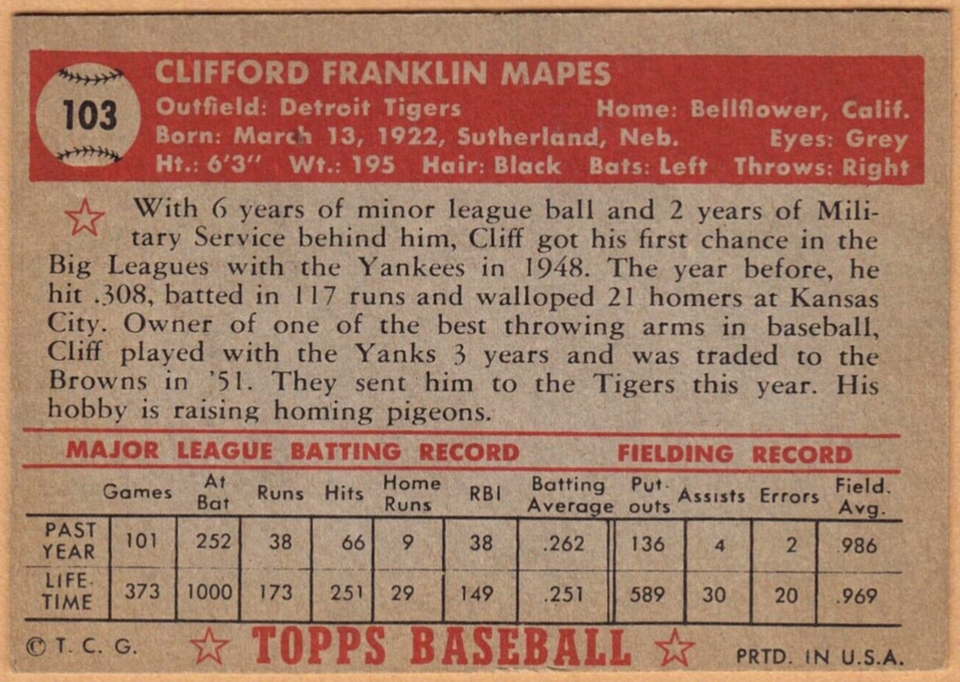 1952 Topps Baseball #103 Cliff Mapes [EX+] | eBay