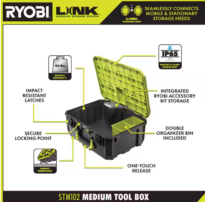 RYOBI LINK Medium Tool Box 80 lb. Load Capacity Impact Resistant Material | eBay