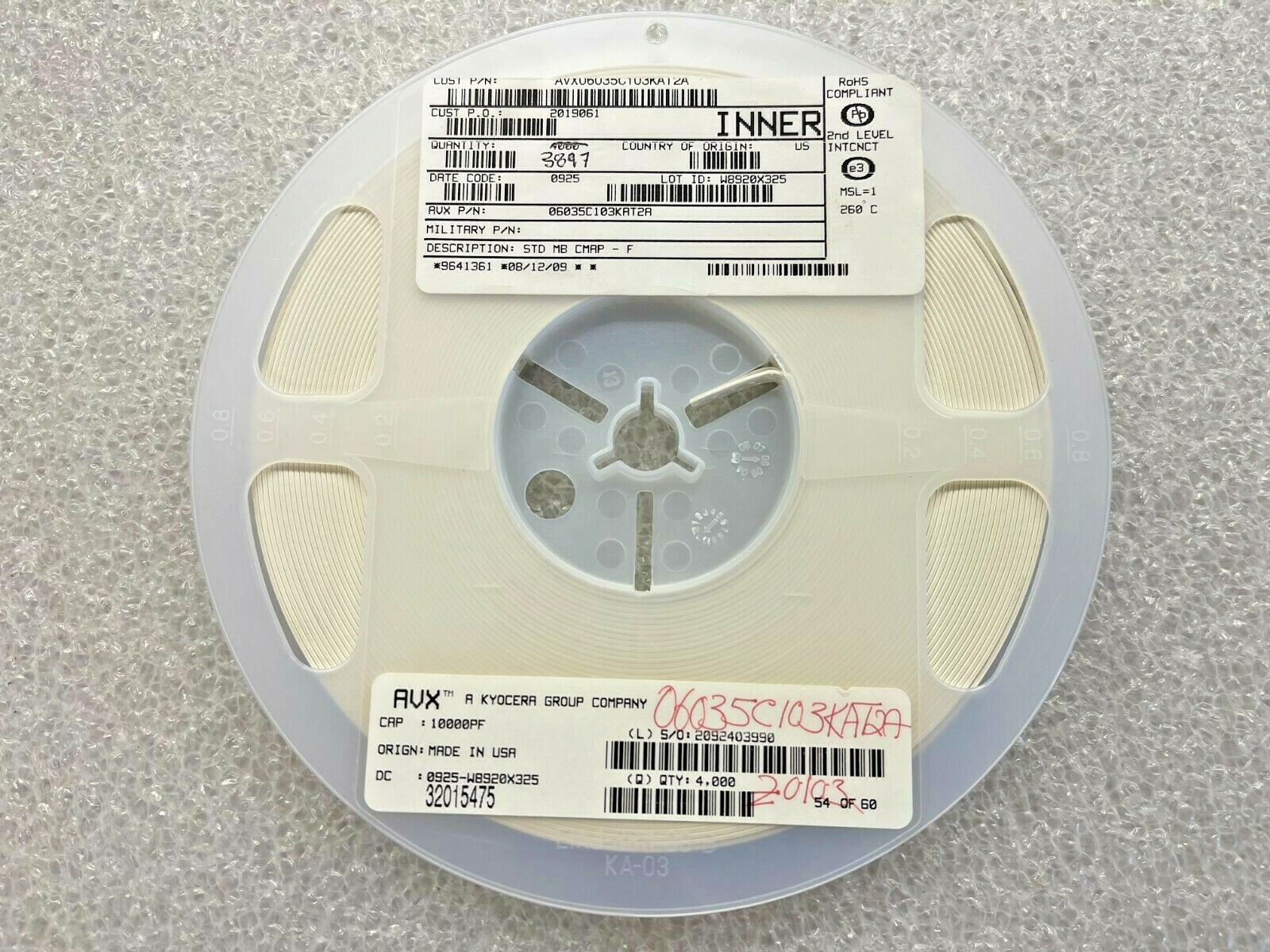 (3,897 PIECE REEL) 06035C103KAT2A, AVX, CAP CER 10000PF 50V X7R 0603 ...