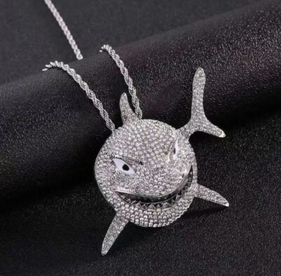 Silver Plated Hip Hop Iced Bling Shark with Grillz Pendant + 22" Rope ...