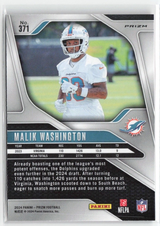 Malik Washington 2024 Panini Prizm Pink #371 Miami Dolphins RC | eBay