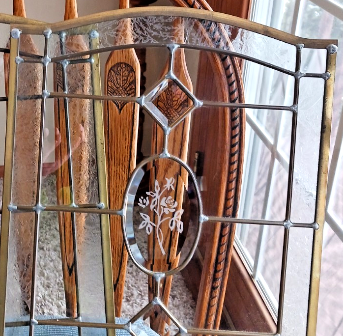 Vtg Brass Leaded Beveled Clear Stained Glass Arched Window Panel Etched ...