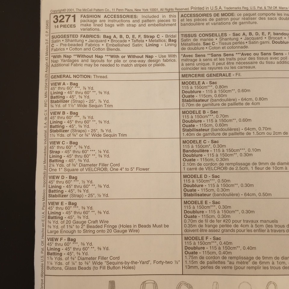 McCall's Fashion Accessories 3271 Pattern Six Bridal Bags One Size ...