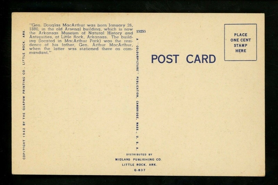 Arkansas AR postcard Little Rock, Arsenal Building MacArthur linen ...