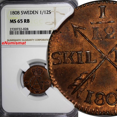 SWEDEN Gustaf IV Copper 1808 1/12 Skilling NGC MS65 RB TOP GRADED KM ...