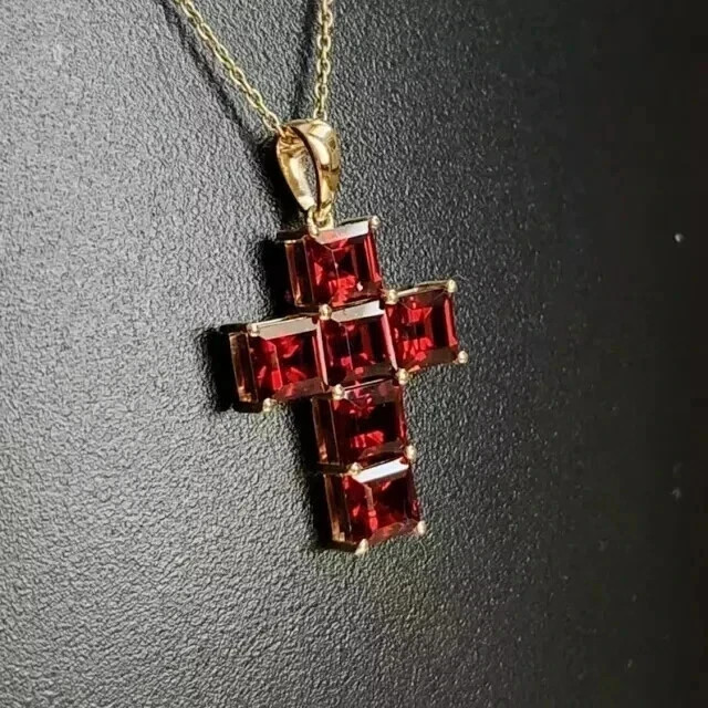2Ct Princess Cut Lab-Created Garnet Women's Cross Pendant 14K Yellow ...
