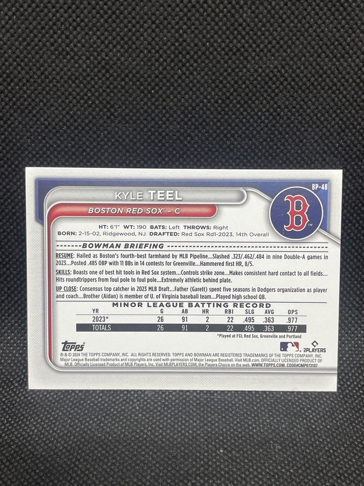 Kyle Teel 2024 Bowman #BP-48 Sky Blue Border 1st Paper /499 Red Sox ...