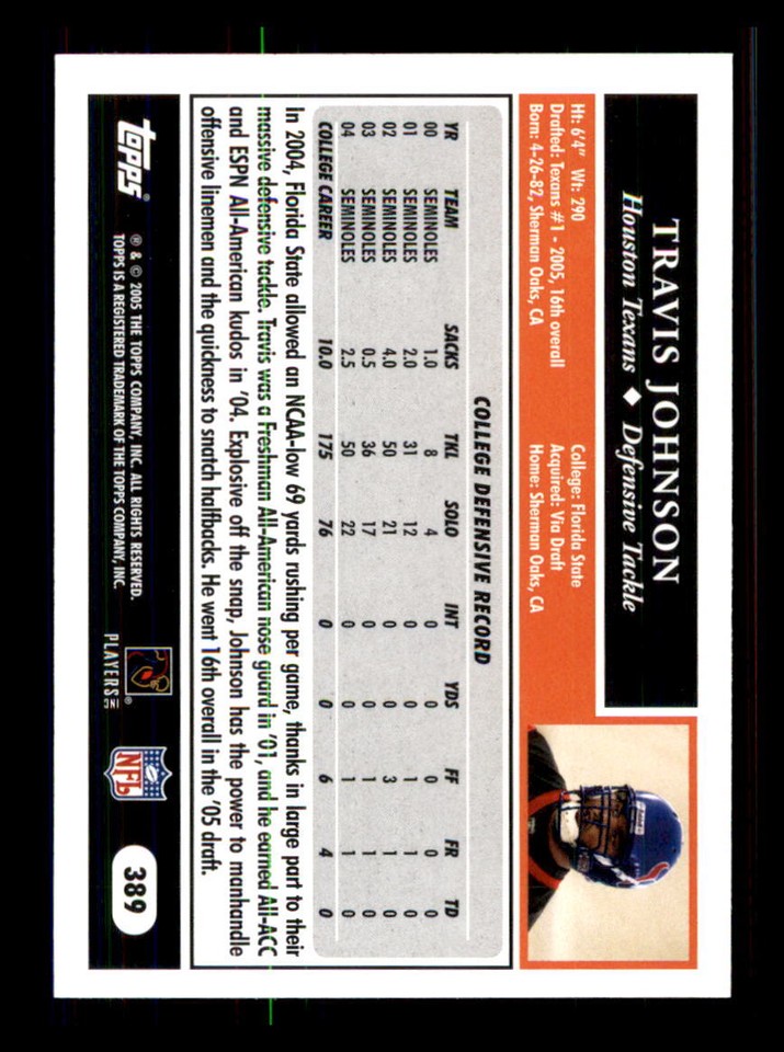 2005 FOOTBALL 2005 Topps Travis Johnson Houston Texans #389 RC1 | eBay