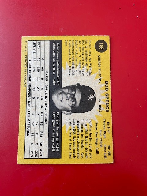 1971 O-Pee-Chee baseball OPC #186 Bob Spence RC - Chicago White Sox | eBay