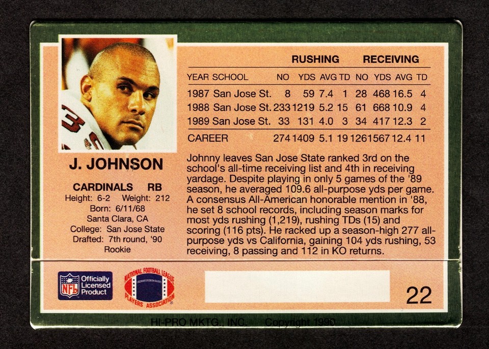 1990 ACTION PACKED RC #22 JOHNNY JOHNSON - PHOENIX CARDINALS - ROOKIE ...