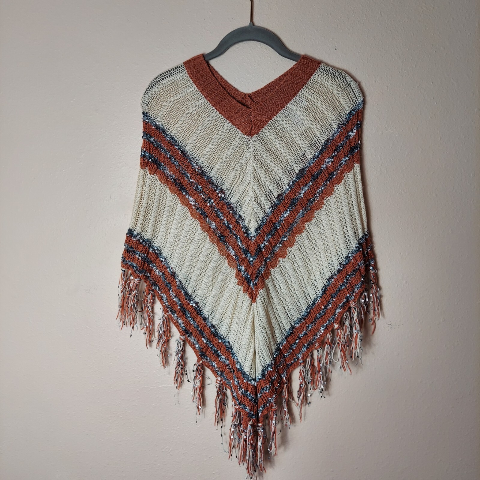 Womens Large Poncho Fringe Biege Cream Rust Pullover … - Gem