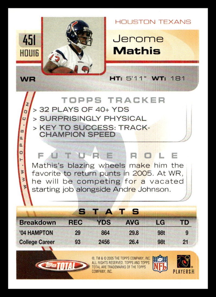 2005 Topps Total #451 Jerome Mathis RC Houston Texans | eBay