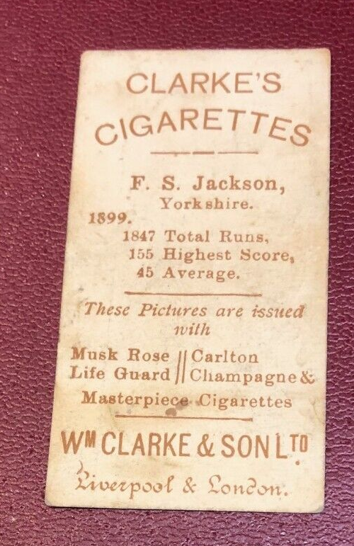 CLARKE'S CRICKETER SERIES F.S. JACKSON OF SURREY CIGARETTE CARD NO 30 ...