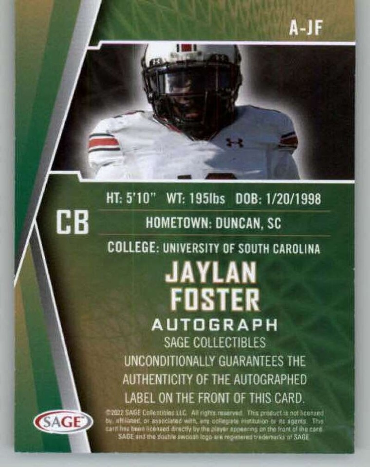 2022 Sage High Series Autographs Black #A-JF Jaylan Foster RC Rookie ...