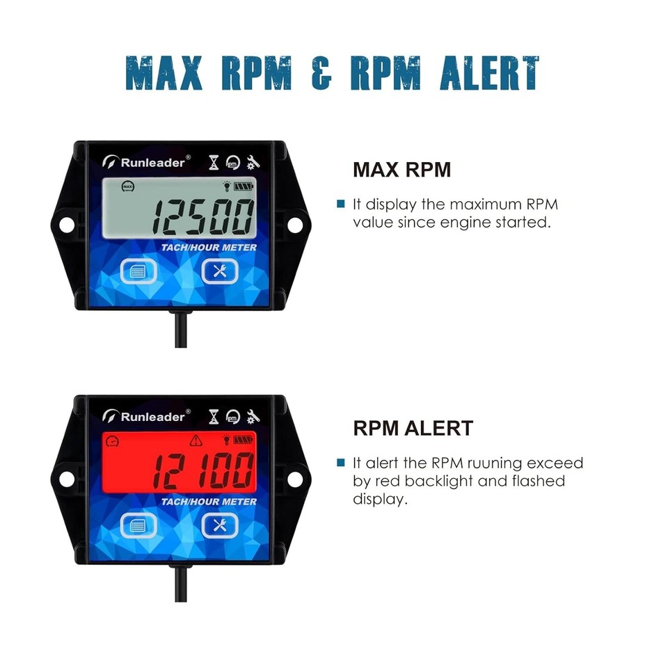 Digital Hour Meter Tachometer Gauge RPM Alert Backlight 2/4 Stroke Gas ...