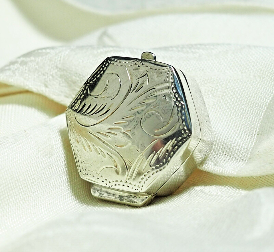 Vintage 925 Sterling Silver pill box Hexagon hinged lid Engraved marked ...