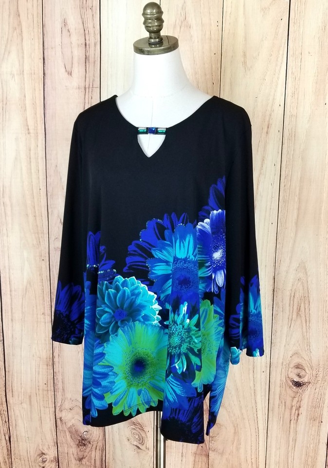 Susan Graver Sequin Floral Tunic Size XL Blue Black Rhinestone Accented ...