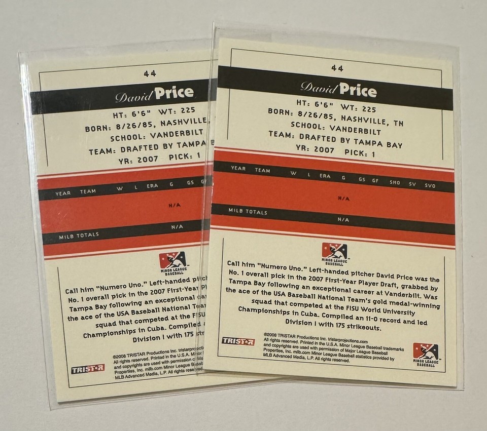 (2) David Price 2008 Tristar Projections ROOKIE #44 Lot - Tampa Bay ...