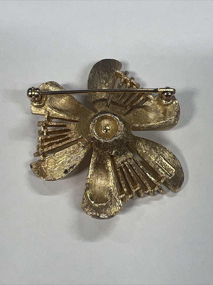 Vintage Crown Trifari Topaz Glass Brooch Pin Gold Tone Starburst Atomic ...