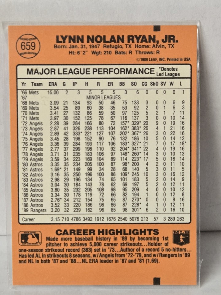1990 Donruss * ERROR - Red Dot CARD* Nolan Ryan -5000Ks #659 Texas ...