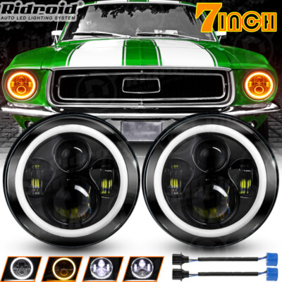 Pair For 1965 -1973 Ford Mustang 7 Inch Round Led Headlights Halo Angel ...