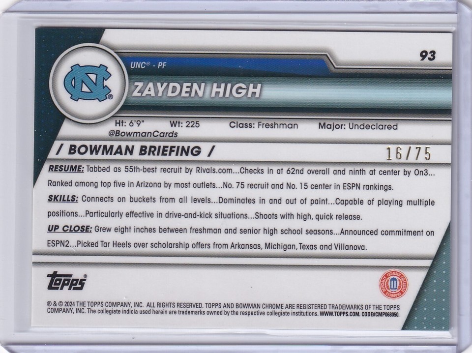 Zayden High 2023 Bowman Chrome University Sapphire Yellow North ...