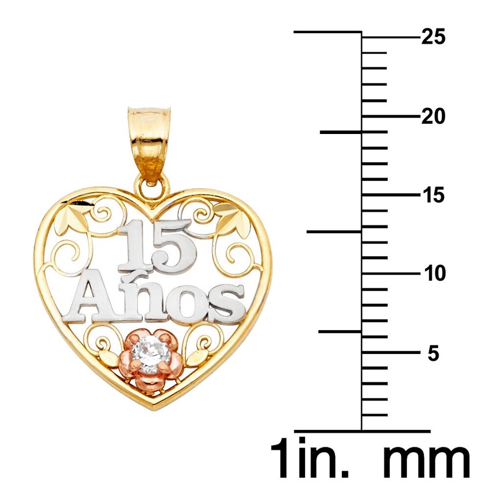 Genuine 14k Tri-tone Gold 0.78" CZ Heart 15 ANOS Quinceanera Necklace ...