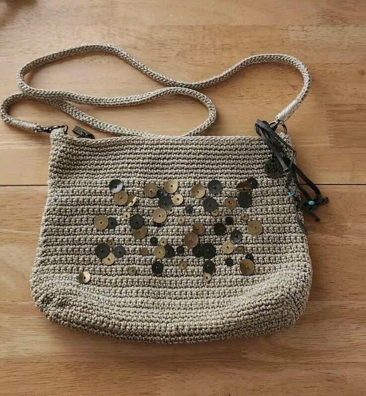 The Sak Small Tan Silver Thread Crochet Sequins Crossbody Purse | eBay