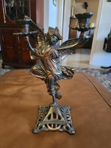 Dancing Angel Fairy Patinaed Metal Candlestick Statue, Art Nouveau ...