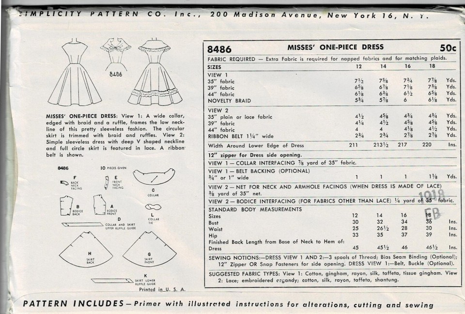 Vintage 1952 PATTERN for Misses' FULL SKIRTED DRESS Sz 14 Simplicity ...