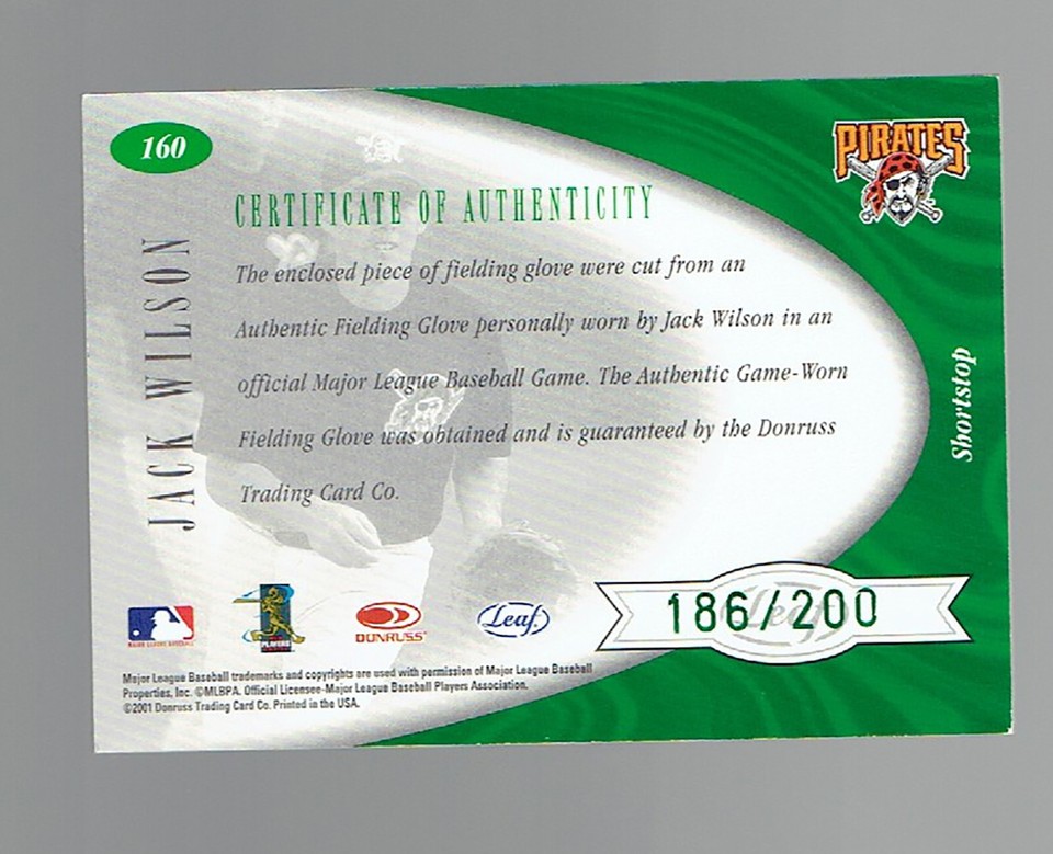 2001 Leaf Certified Materials Fielding Glove #160 Jack Wilson 186/200 ...
