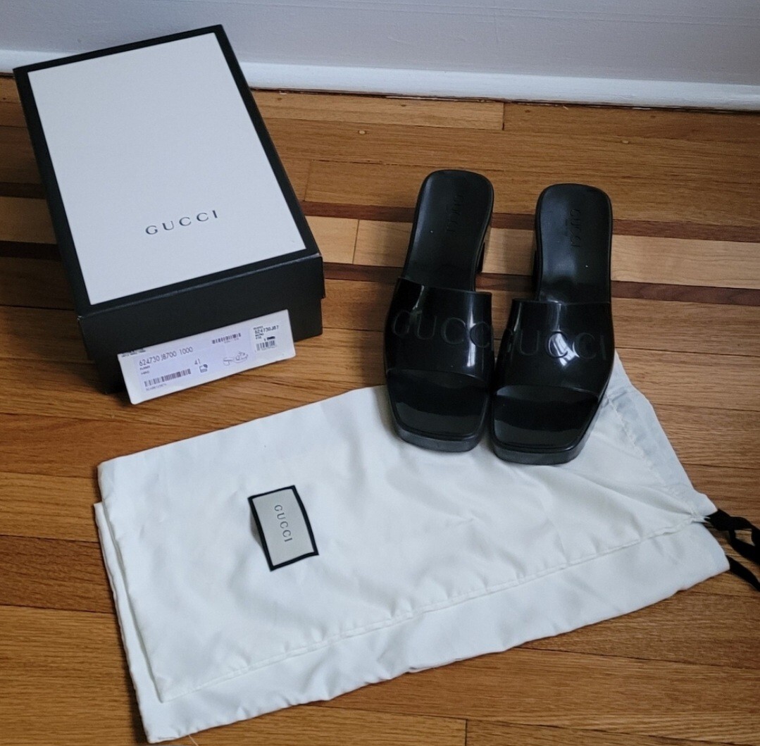 GUCCI LOGO RUBBER PLATFORM HEEL SLIDES SHOES SANDALS - Gem