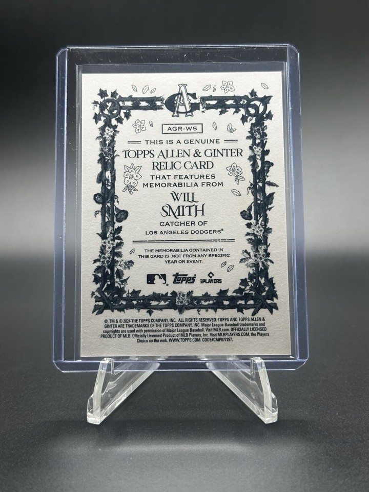 2024 Topps Allen & Ginter Will Smith Relic Card Los Angeles Dodgers AGR ...