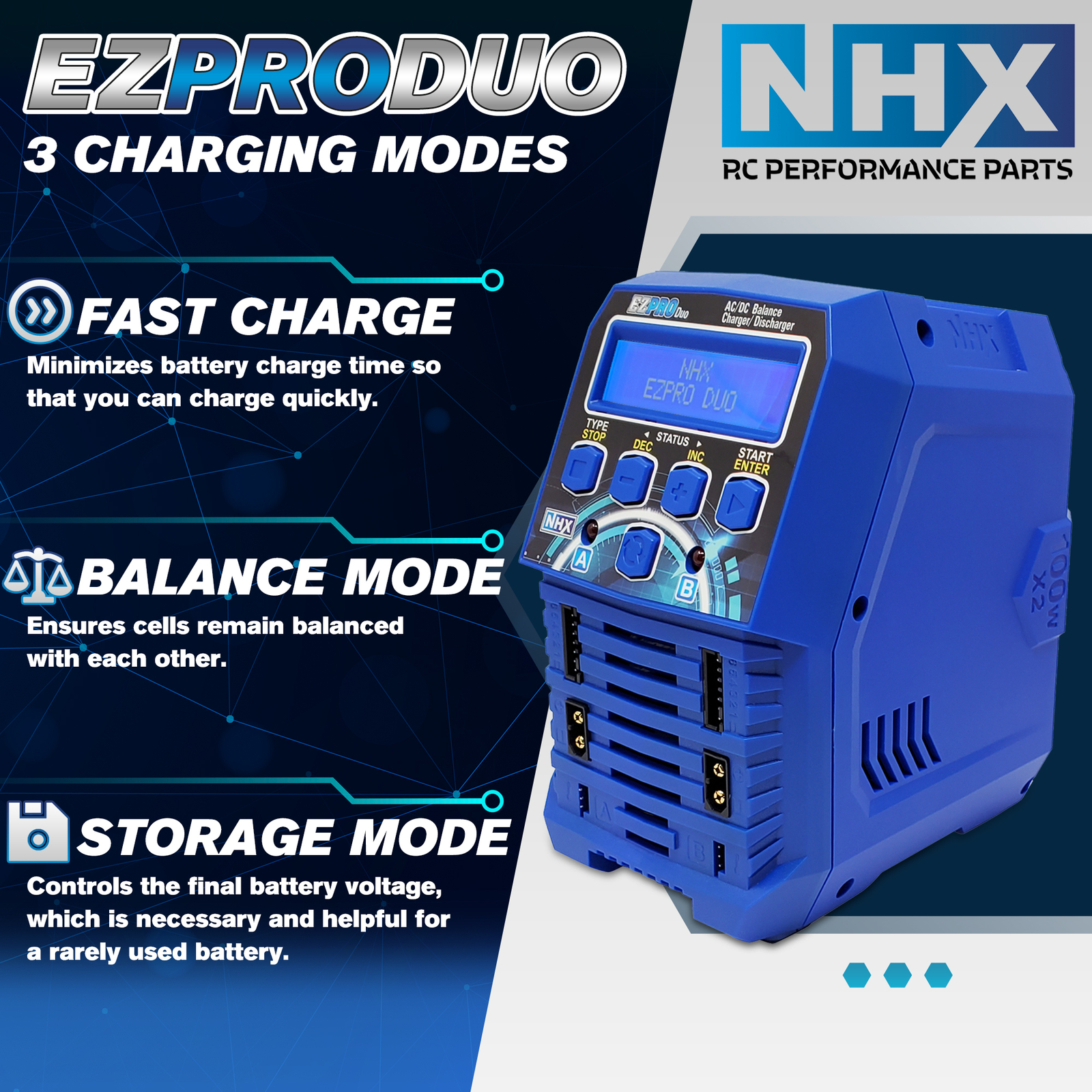 NHX EZPRO DUO 100W X2 Dual AC/DC 12A LIPO/LIHV & NIMH RC Battery ...
