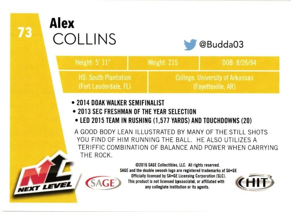 2016 SAGE HIT ALEX COLLINS RC ROOKIE #73 CARD $0.99 VALUE BOX | eBay