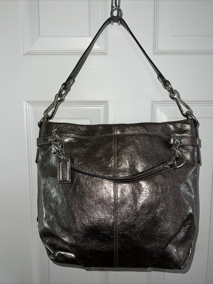 COACH Brooke Handbag Leather Pewter Silver Metallic Hobo Bag Purse ...