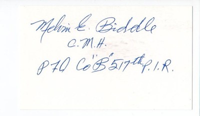 Melvin E. Biddle Signed 5x3 Autographed Index Card IDC World War II MOH ...