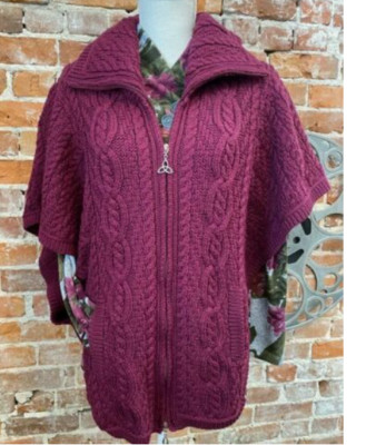 Aran Crafts 100% Merino Wool Zip Front Cape Sweater - Dark Magenta ...